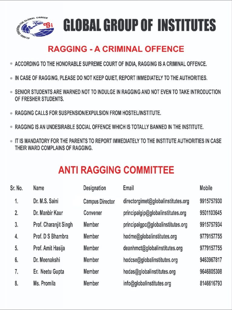Anti Ragging Committee - Global Institutes Top & Best Engineering ...